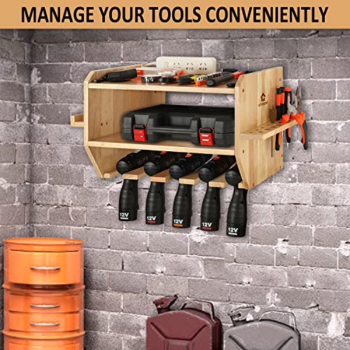 simesove Power Tool Organizer,Drill Holder Storage Wall Mounted with 6 Tool Organizer Slots, Wrench,Screwdriver and Circular Saw Storage,Solid Wooden Drill Charging Station