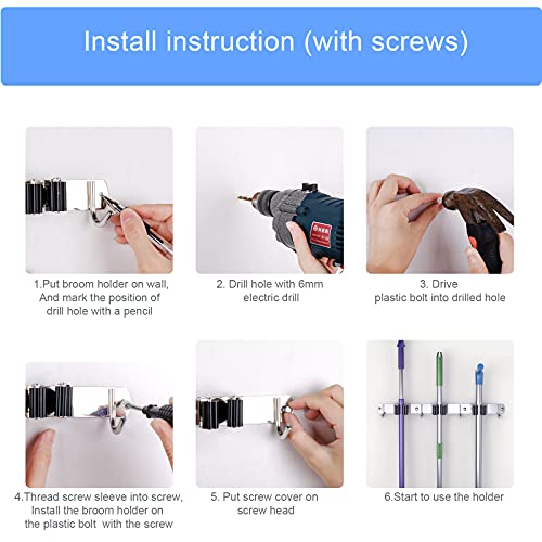 Bugu Bird Broom organizer wall mount,2pcs Mop and Broom Holder Wall Mount ,broom hanger ,Stainless Steel Heavy Duty Hooks Self Adhesive Hanger for Home Goods( Grey
