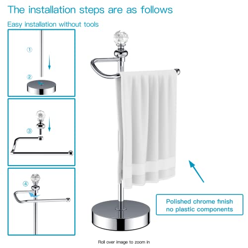 ROLABAM Heavy Weighted Hand Towel Holder(with Crystal Ball) Standing Hand Towel Holder Total Height 15.7'' for Kitchen,Bathroom,Vanity,Classic Decorative Metal Hand Towel Stand,Polished Chrome