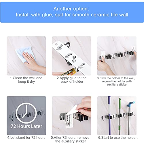 Bugu Bird Broom organizer wall mount,2pcs Mop and Broom Holder Wall Mount ,broom hanger ,Stainless Steel Heavy Duty Hooks Self Adhesive Hanger for Home Goods( Grey