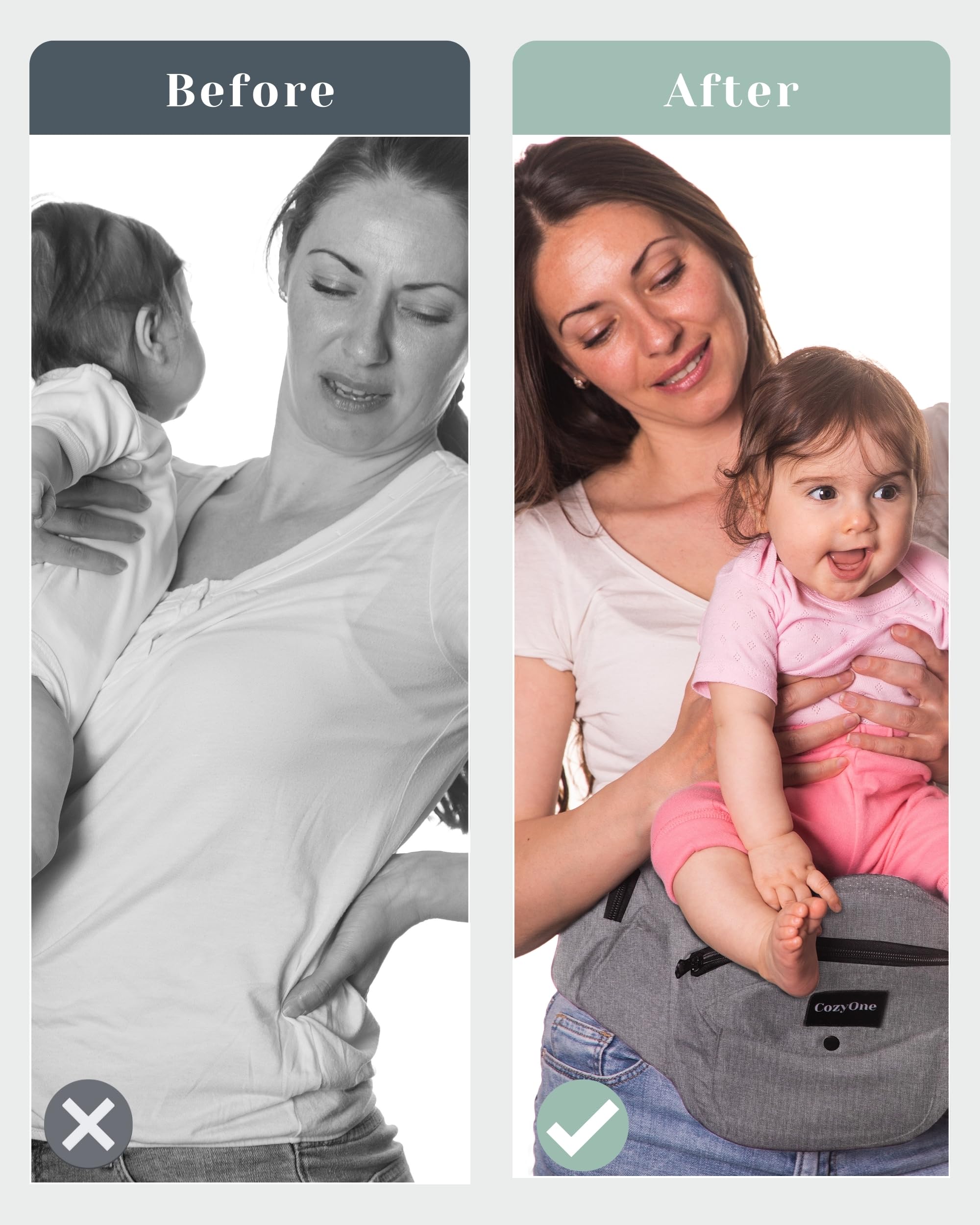 CozyOne-Mom's Choice Award Winner-CPC-Certified Baby Hip Carrier, Adjustable Waistband with Abdominal Support Design & Various Pockets for Newborns & Toddlers 8-44 lbs Carrier (Grey)