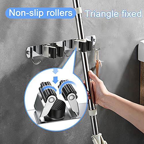 Bugu Bird Broom organizer wall mount,2pcs Mop and Broom Holder Wall Mount ,broom hanger ,Stainless Steel Heavy Duty Hooks Self Adhesive Hanger for Home Goods( Grey