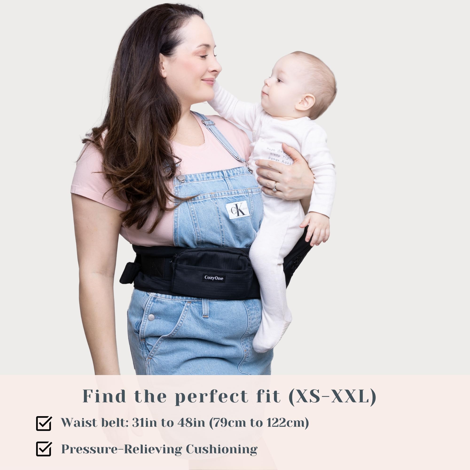 CozyOne-Mom's Choice Award Winner-CPC-Certified Baby Hip Carrier, Adjustable Waistband with Abdominal Support Design & Various Pockets for Newborns & Toddlers 8-44 lbs Carrier (Grey)