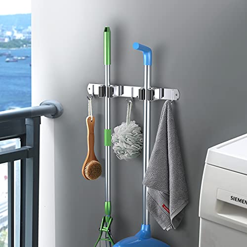 Bugu Bird Broom organizer wall mount,2pcs Mop and Broom Holder Wall Mount ,broom hanger ,Stainless Steel Heavy Duty Hooks Self Adhesive Hanger for Home Goods( Grey