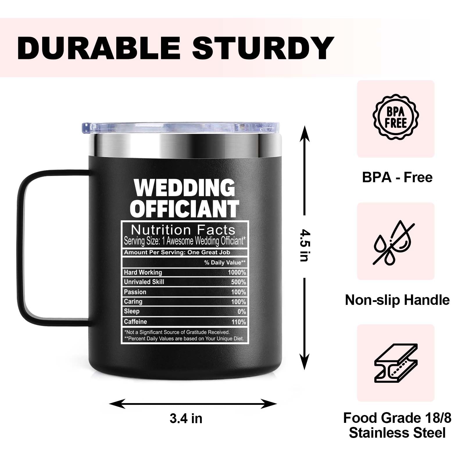 Best Wedding Officiant from Bride Groom | Anniversary Wedding Officiant Gift Insulated Coffee Cup | 12oz with Handle and Lid 304 Stainless Steel Camping Travel Thermal Mugs - Black