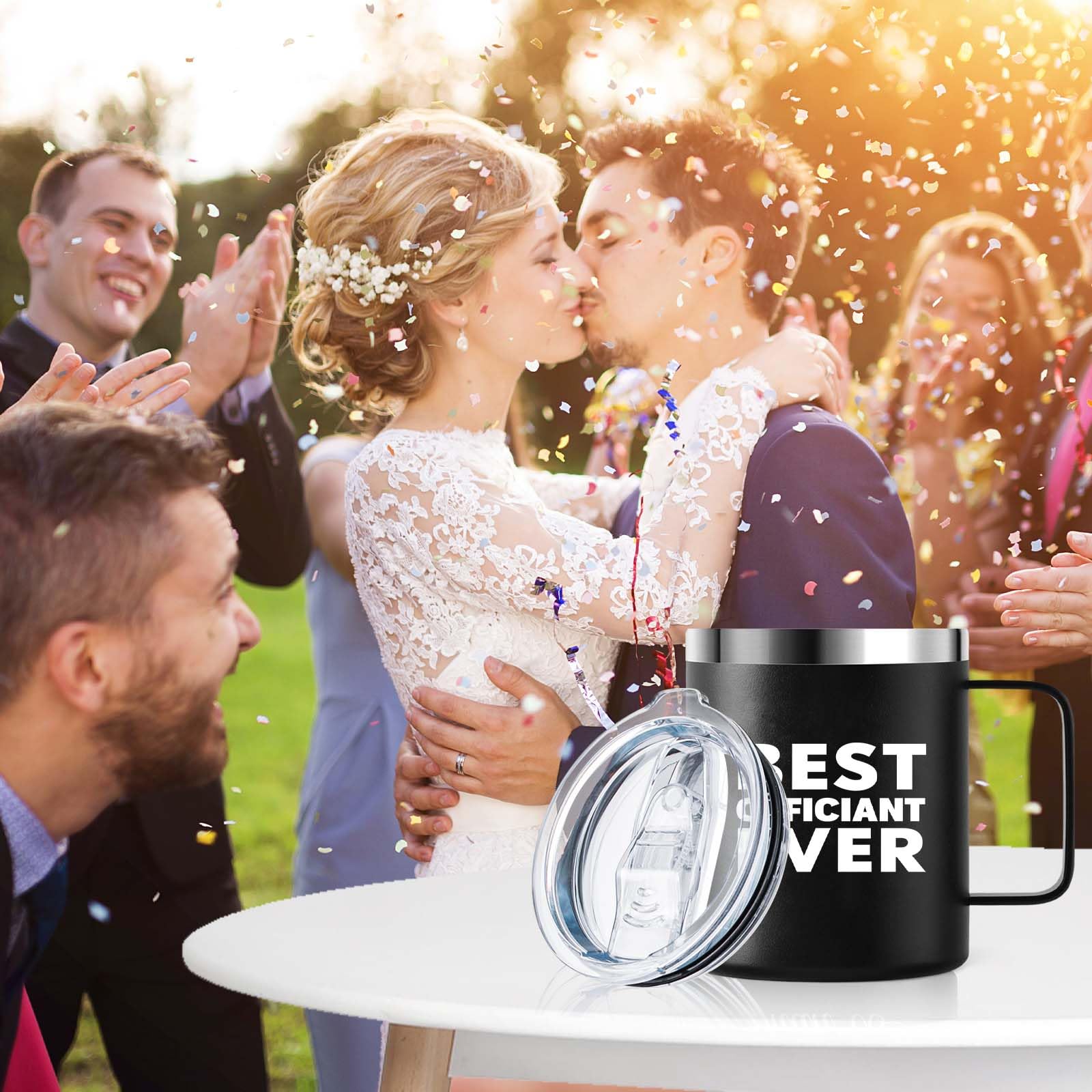 Best Wedding Officiant from Bride Groom | Anniversary Wedding Officiant Gift Insulated Coffee Cup | 12oz with Handle and Lid 304 Stainless Steel Camping Travel Thermal Mugs - Black