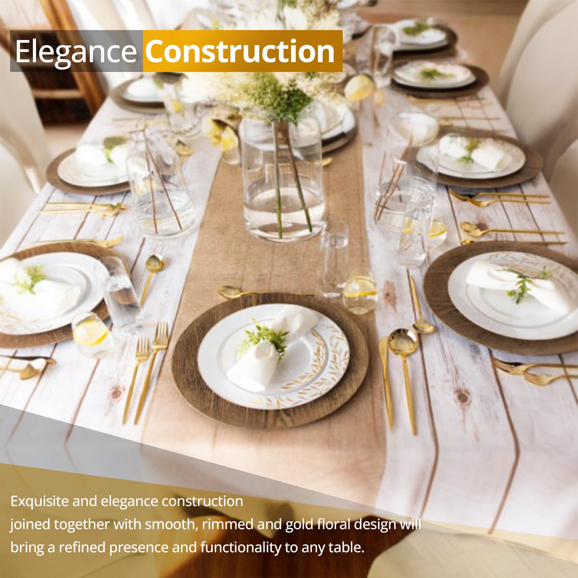 PLASTICPRO 32 Pack Elegant Disposable Plastic Plates Combo Set Includes 16 Dinner Plate and 16 Salad Plate Heavy Duty Fancy Party White & Gold Flower Design