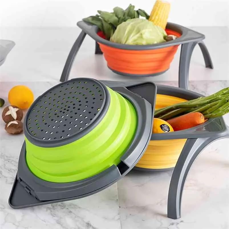 3-in-1 TRENDING XL Large Collapsible STANDING Silicone Colander | 5-Quart | Dish Washer Safe | Foldable Strainer | Wash Fruits & Vegetables | Drain Pasta Beans Food | Heat Resistant FOOD GRADE (Red)