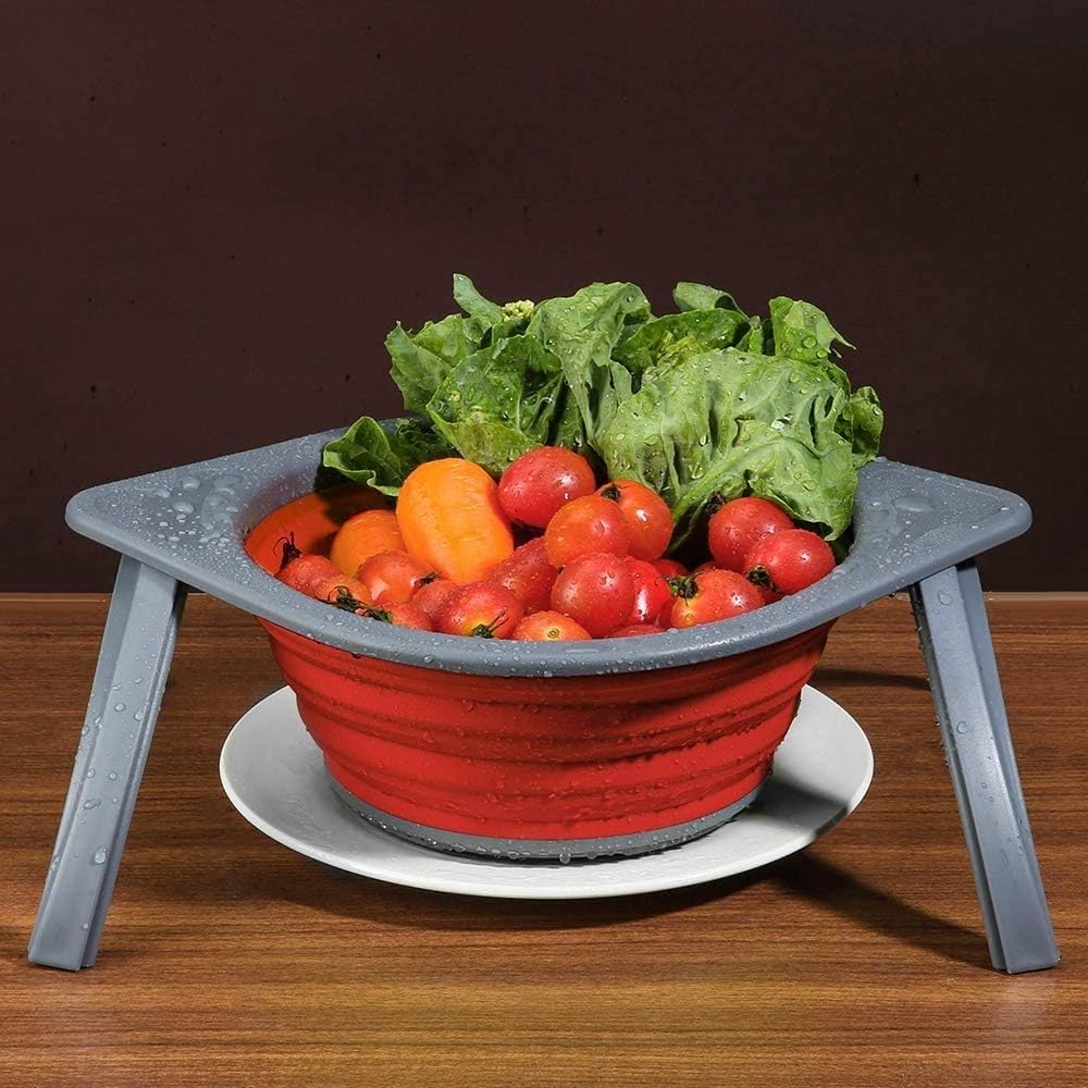 3-in-1 TRENDING XL Large Collapsible STANDING Silicone Colander | 5-Quart | Dish Washer Safe | Foldable Strainer | Wash Fruits & Vegetables | Drain Pasta Beans Food | Heat Resistant FOOD GRADE (Red)