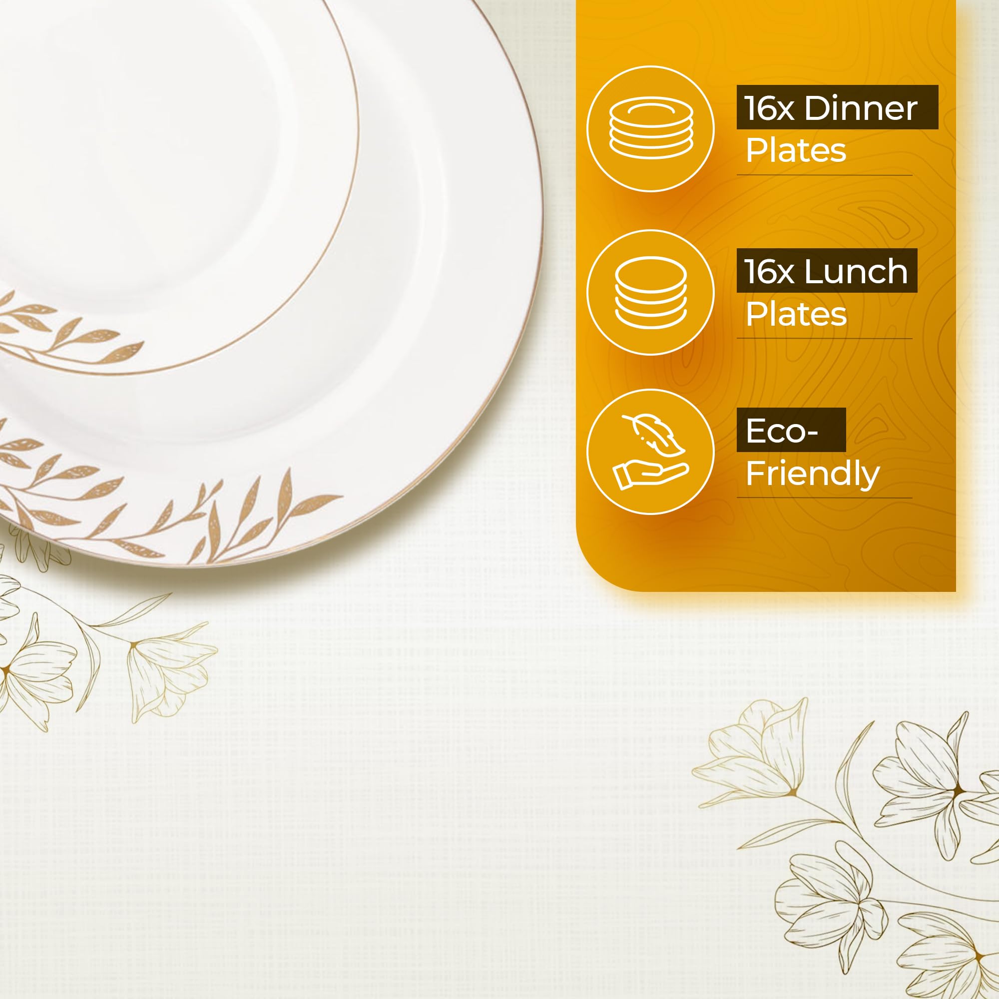 PLASTICPRO 32 Pack Elegant Disposable Plastic Plates Combo Set Includes 16 Dinner Plate and 16 Salad Plate Heavy Duty Fancy Party White & Gold Flower Design