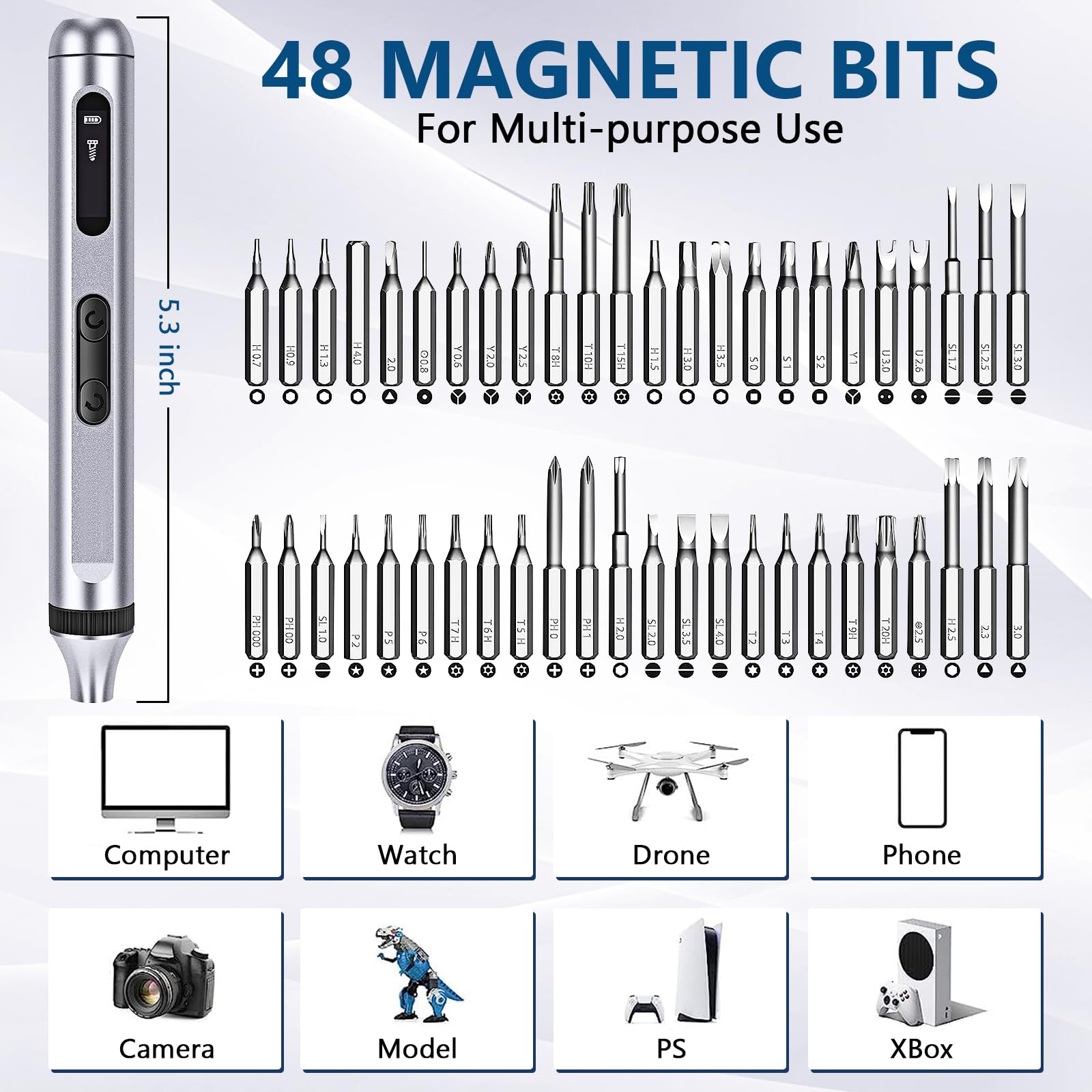 GuDoQi Precision Screwdriver Set 52 in 1, Cordless Rechargeable Mini Electric Screwdriver, LED Display, 48 Magnetic Bits, Power Screwdriver with 2 Lights, Portable Repair Tool Kit for Phone, Laptops