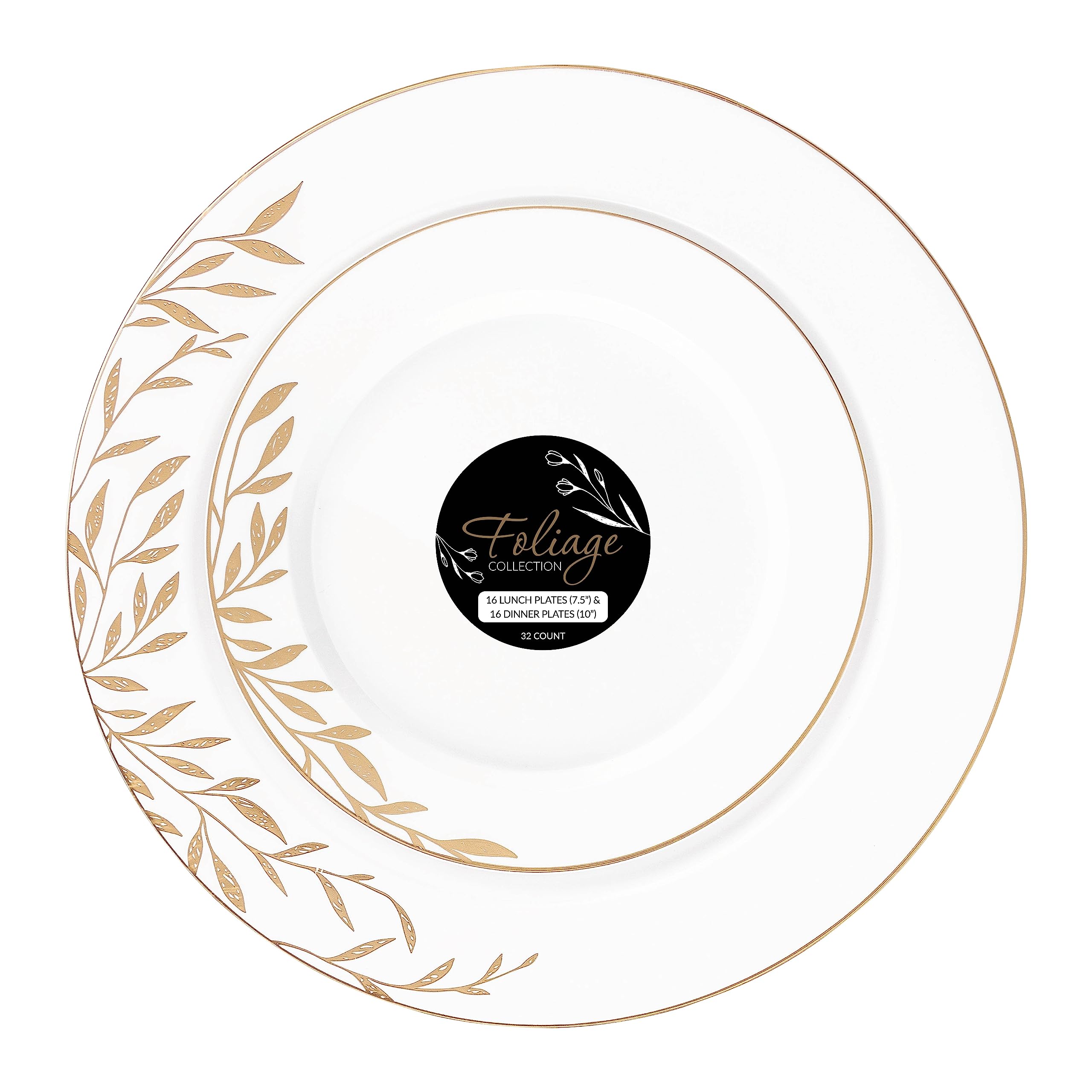 PLASTICPRO 32 Pack Elegant Disposable Plastic Plates Combo Set Includes 16 Dinner Plate and 16 Salad Plate Heavy Duty Fancy Party White & Gold Flower Design