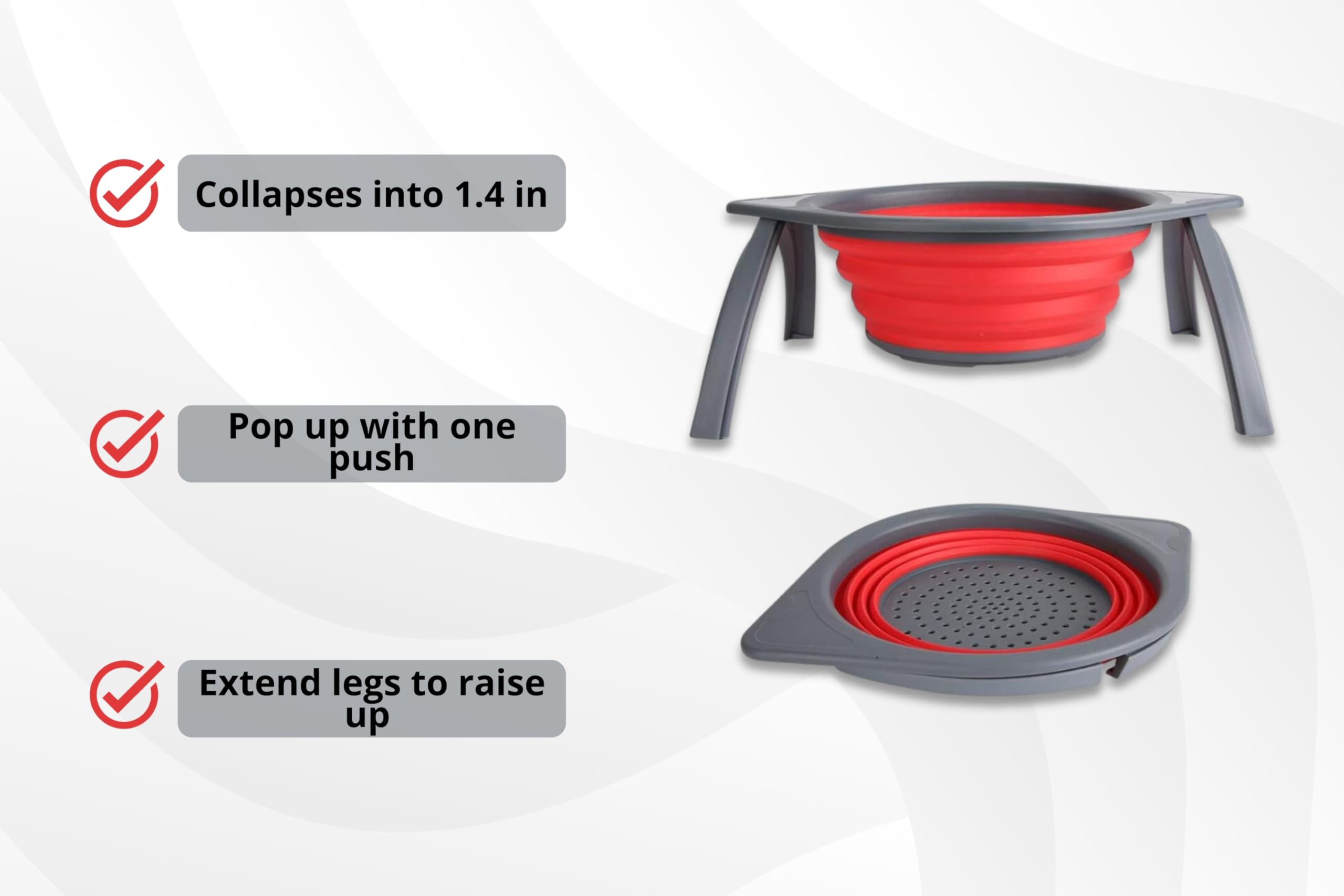 3-in-1 TRENDING XL Large Collapsible STANDING Silicone Colander | 5-Quart | Dish Washer Safe | Foldable Strainer | Wash Fruits & Vegetables | Drain Pasta Beans Food | Heat Resistant FOOD GRADE (Red)
