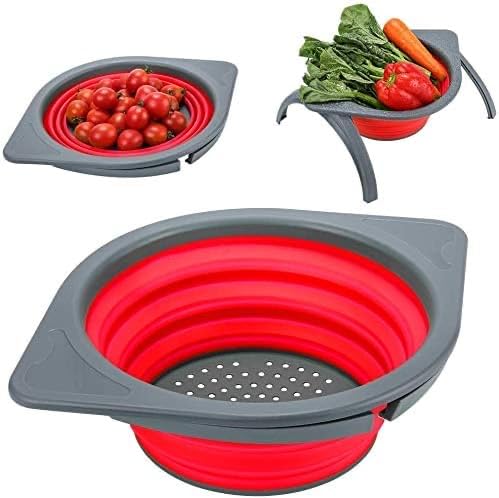 3-in-1 TRENDING XL Large Collapsible STANDING Silicone Colander | 5-Quart | Dish Washer Safe | Foldable Strainer | Wash Fruits & Vegetables | Drain Pasta Beans Food | Heat Resistant FOOD GRADE (Red)