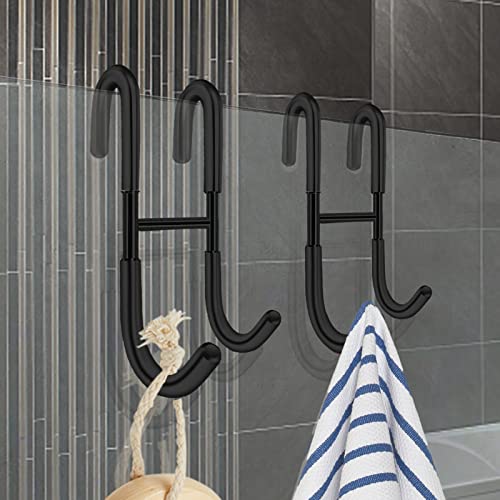 Shower Door Hooks, 2 Pack Towel Hooks for Bathroom Frameless Glass Drilling-Free Hanger, 304 Stainless Steel Over The Glass Door Hooks for Bathing Suits, Robe, Towel, Squeegee, Loofah, Shaver(Black)