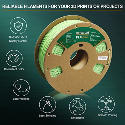 OVERTURE PLA Filament 1.75mm PLA 3D Printer Filament, 1kg Cardboard Spool (2.2lbs), Dimensional Accuracy +/- 0.03mm, Fit Most FDM Printer (Ligth Green)