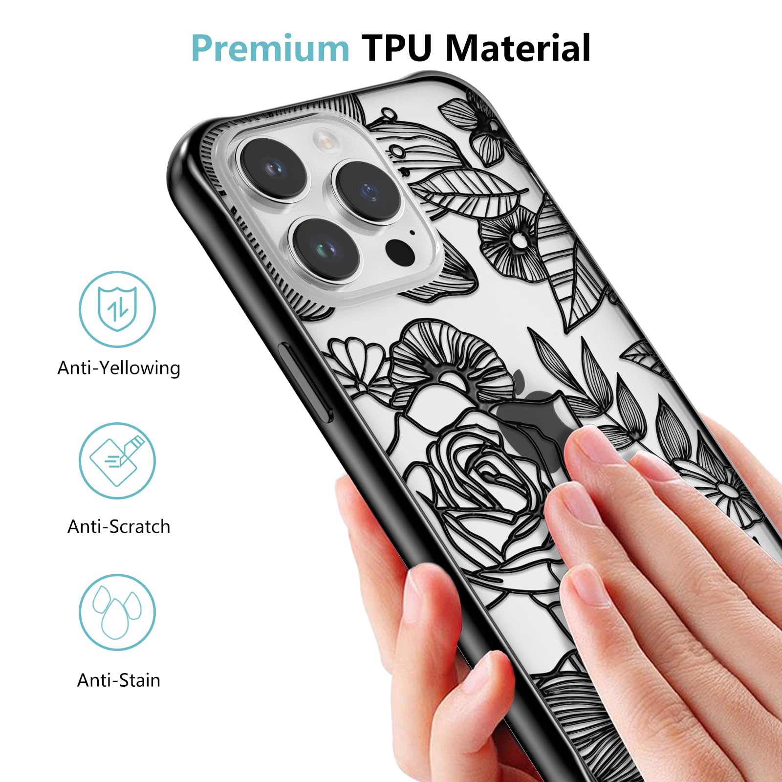 XIZYO for iPhone 13 Pro Max Case 6.7 Inch Cute Phone Case Floral Rose Aesthetic Flower Clear Case for Women Girls Slim Pattern Anti-Yellow Shockproof Protective TPU Bumper Case, Black
