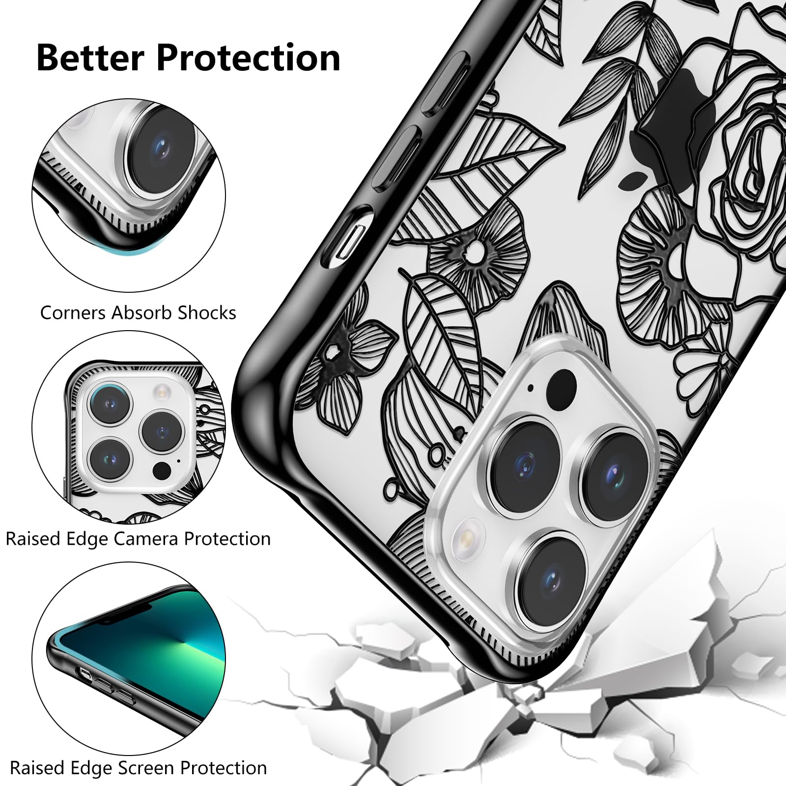 XIZYO for iPhone 13 Pro Max Case 6.7 Inch Cute Phone Case Floral Rose Aesthetic Flower Clear Case for Women Girls Slim Pattern Anti-Yellow Shockproof Protective TPU Bumper Case, Black