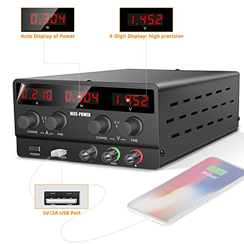 NICE-POWER DC Power Supply Variable: 30V 10A Adjustable Switching Regulated High Precision 4-Digits LED Display 5V/2A USB Port Output & Input Power Cord Bench Lab Power Supplies
