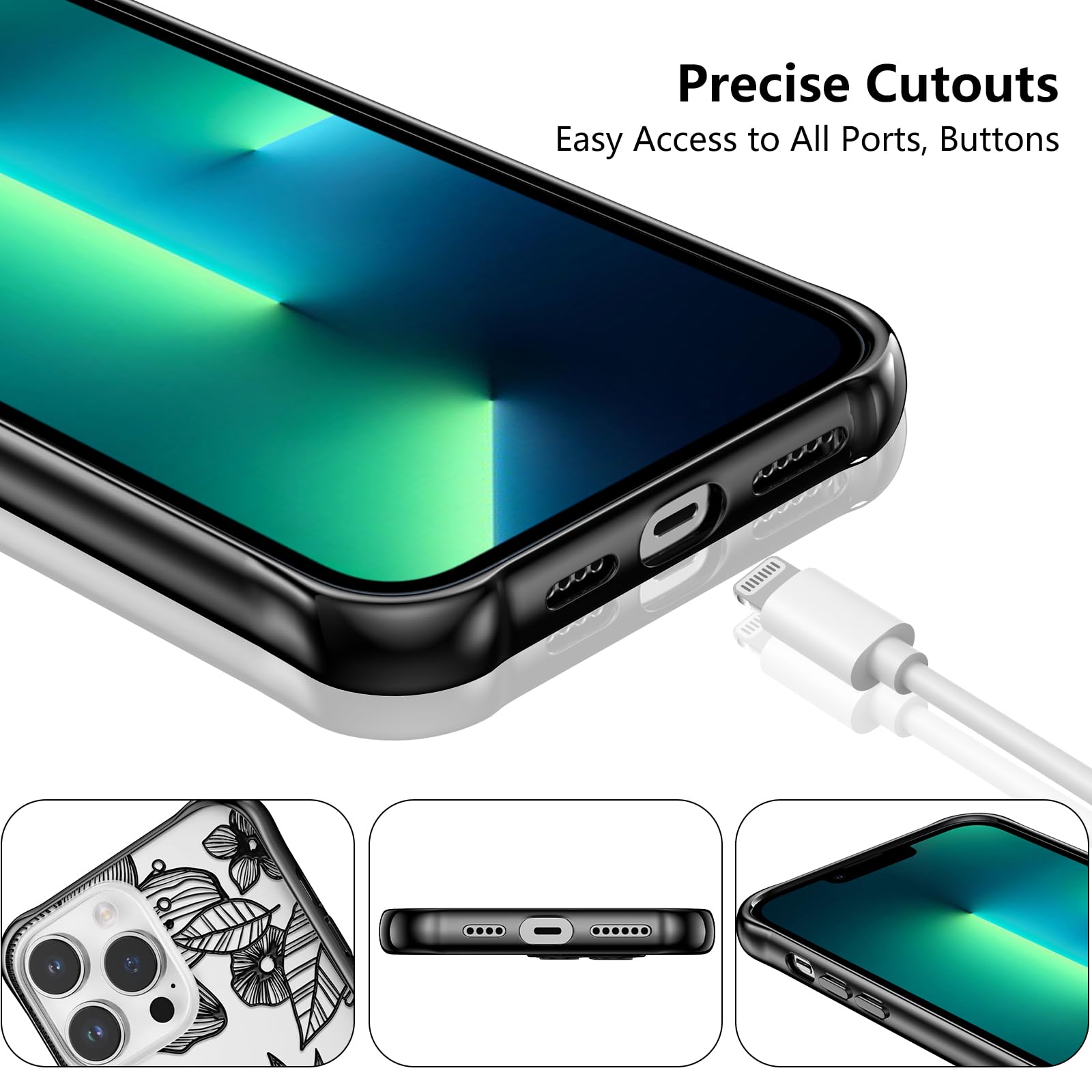 XIZYO for iPhone 13 Pro Max Case 6.7 Inch Cute Phone Case Floral Rose Aesthetic Flower Clear Case for Women Girls Slim Pattern Anti-Yellow Shockproof Protective TPU Bumper Case, Black