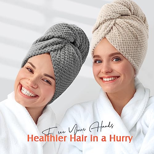 YFONG 2 Pack X-Large Thicken Microfiber Hair Towel Wrap for Women, Super Absorbent & Quick Dry Hair Turban with Button for Curly,Longer,Thicker Hair(Camel+Gray)