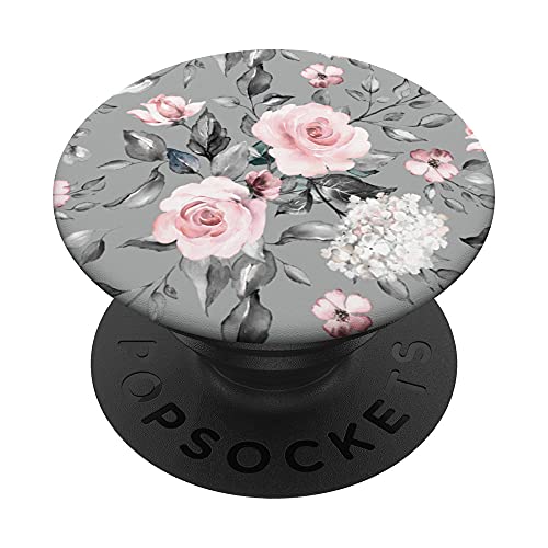 Purple Pink Flowers Purple Floral and Gray Leaves Pattern PopSockets Swappable PopGrip