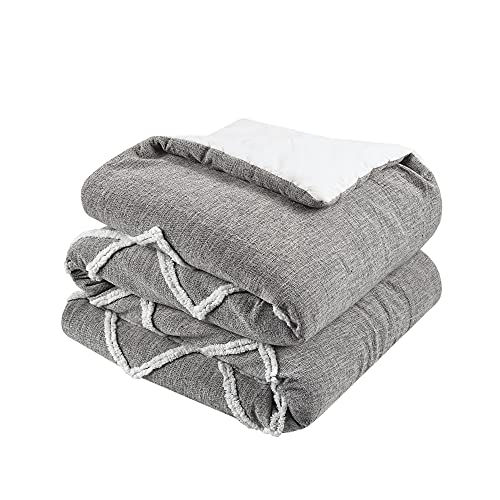 INK+IVY Hayes 100% Cotton Comforter Mid Century Modern Design Chenille Tufted All Season Bedding Set, Matching Shams, Decorative Pillow, Full/Queen, Yarn Dyed Gray 4 Piece