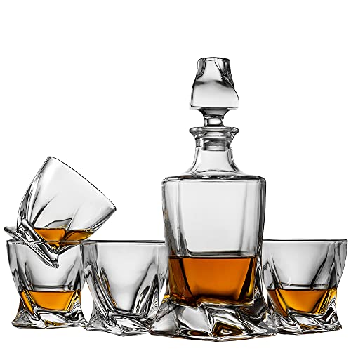 Whiskey Gifts for Men, Whiskey Decanter Set with 4 Glasses in Gift Box by Verolux | Elegant Twisted Design with Glass Stopper - Liquor, Bourbon, Brandy, Gin, Rum, Tequila, Vodka, Cognac