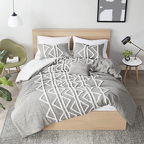 INK+IVY Hayes 100% Cotton Comforter Mid Century Modern Design Chenille Tufted All Season Bedding Set, Matching Shams, Decorative Pillow, Full/Queen, Yarn Dyed Gray 4 Piece