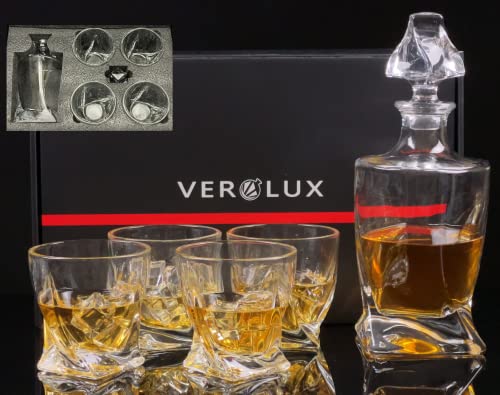 Whiskey Gifts for Men, Whiskey Decanter Set with 4 Glasses in Gift Box by Verolux | Elegant Twisted Design with Glass Stopper - Liquor, Bourbon, Brandy, Gin, Rum, Tequila, Vodka, Cognac