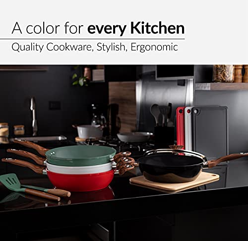 Phantom Chef 11" Deep Frypan 5 Qt Wok | Aluminum Body Non-Stick Ceramic Coating | With Soft Touch Stay Cool Handle | Dishwasher Safe | Non-Toxic PFOA & PTFE Free (Red)