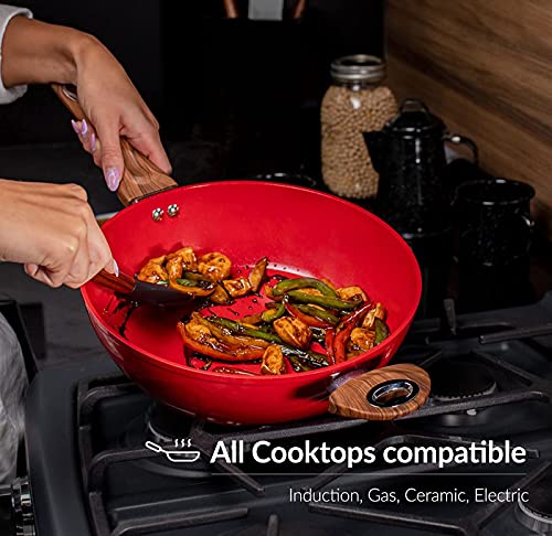 Phantom Chef 11" Deep Frypan 5 Qt Wok | Aluminum Body Non-Stick Ceramic Coating | With Soft Touch Stay Cool Handle | Dishwasher Safe | Non-Toxic PFOA & PTFE Free (Red)