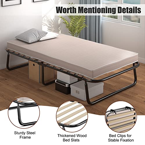 GOFLAME Folding Bed Cot Size, Rollaway Guest Bed with Memory Foam Mattress and Metal Frame for Adults, Portable Sleeping Bed for Home and Office, Made in Italy