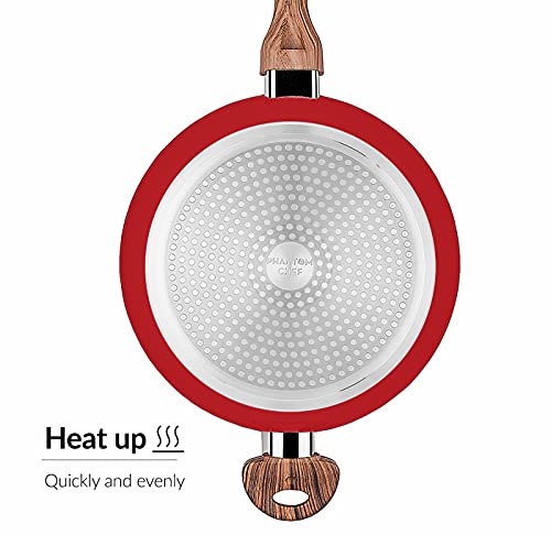 Phantom Chef 11" Deep Frypan 5 Qt Wok | Aluminum Body Non-Stick Ceramic Coating | With Soft Touch Stay Cool Handle | Dishwasher Safe | Non-Toxic PFOA & PTFE Free (Red)