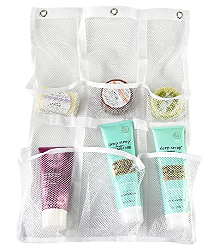 Home-X 6-Pocket Mesh Hanging Shower Caddy, Hang from Curtain Rods or Over the Door, Simple Bathroom Organizer for Soap, Shampoo, and More, 22" L x 15 ½ā W, White