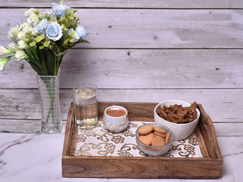 Hand Carved Wooden Breakfast Serving Tray with Handle for Breakfast Tea Snack Dessert | Kitchen Dining Serve-Ware Accessories | 15 x 10 Inches|2044