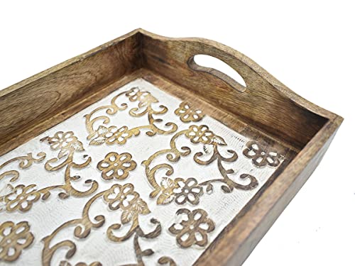 Hand Carved Wooden Breakfast Serving Tray with Handle for Breakfast Tea Snack Dessert | Kitchen Dining Serve-Ware Accessories | 15 x 10 Inches|2044