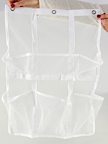 Home-X 6-Pocket Mesh Hanging Shower Caddy, Hang from Curtain Rods or Over the Door, Simple Bathroom Organizer for Soap, Shampoo, and More, 22" L x 15 ½” W, White