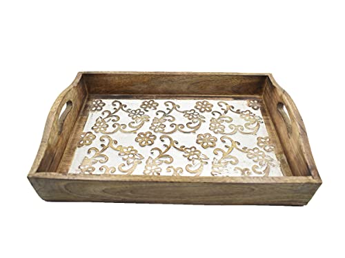Hand Carved Wooden Breakfast Serving Tray with Handle for Breakfast Tea Snack Dessert | Kitchen Dining Serve-Ware Accessories | 15 x 10 Inches|2044