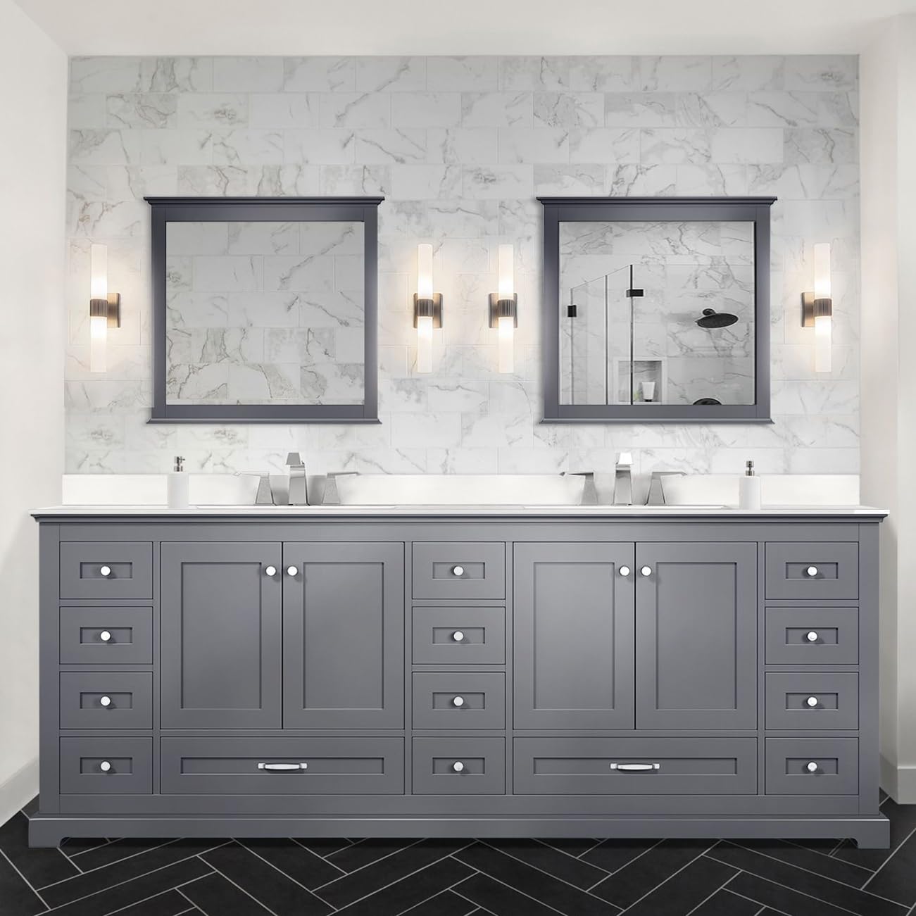 Bell+Modern Tybee 84 in. W x 22 in. D Dark Grey Double Bath Vanity, Cultured Marble Top, Faucet Set and 34 in. Mirrors