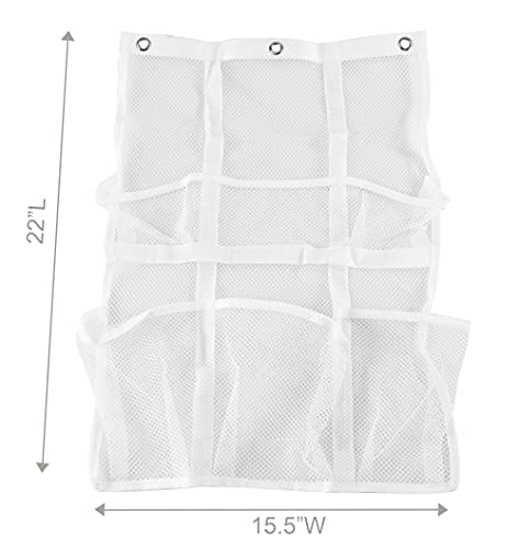 Home-X 6-Pocket Mesh Hanging Shower Caddy, Hang from Curtain Rods or Over the Door, Simple Bathroom Organizer for Soap, Shampoo, and More, 22" L x 15 ½” W, White