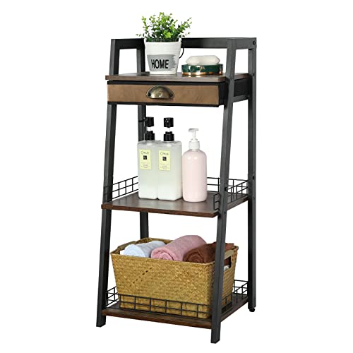 keomaisyto 3-Tier Bathroom Ladder Shelf, Bathroom Floor Storage Shelf with Drawer, Freestanding Tower Shelf, Open Shelving Unit for Bathroom Living Room Balcony
