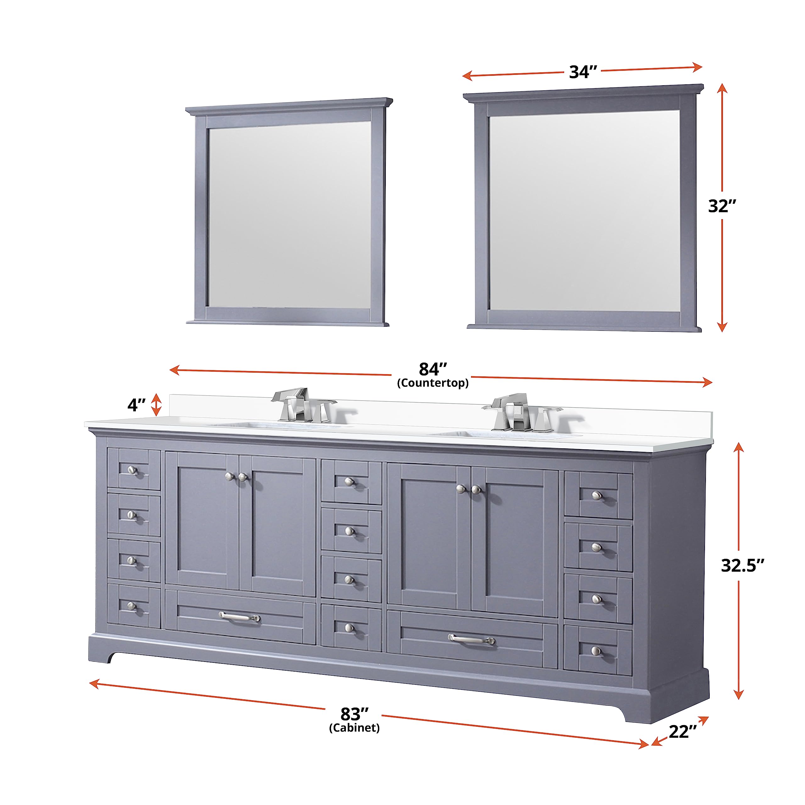 Bell+Modern Tybee 84 in. W x 22 in. D Dark Grey Double Bath Vanity, Cultured Marble Top, Faucet Set and 34 in. Mirrors