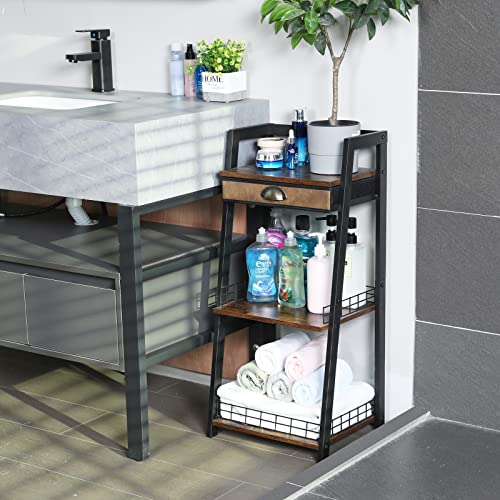 keomaisyto 3-Tier Bathroom Ladder Shelf, Bathroom Floor Storage Shelf with Drawer, Freestanding Tower Shelf, Open Shelving Unit for Bathroom Living Room Balcony