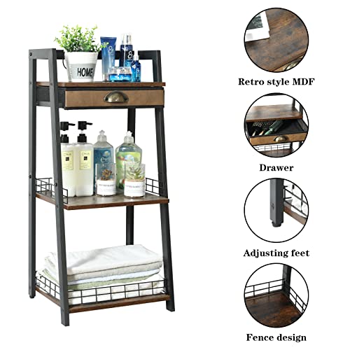 keomaisyto 3-Tier Bathroom Ladder Shelf, Bathroom Floor Storage Shelf with Drawer, Freestanding Tower Shelf, Open Shelving Unit for Bathroom Living Room Balcony