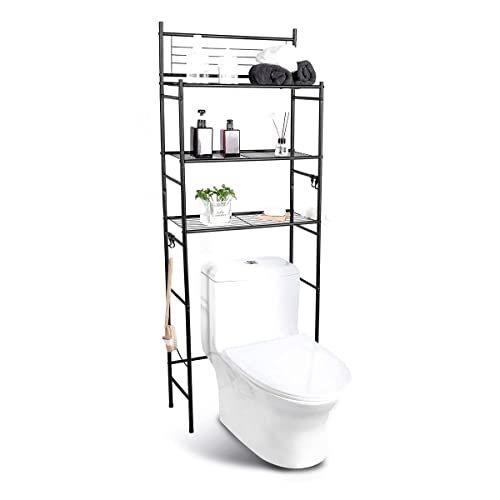 L&H UNICO 3-Shelf Wire Freestanding Shelving Unit Over The Toilet Storage Organizer Rack Bathroom Space Saver, Includes 4-Hooks, Black