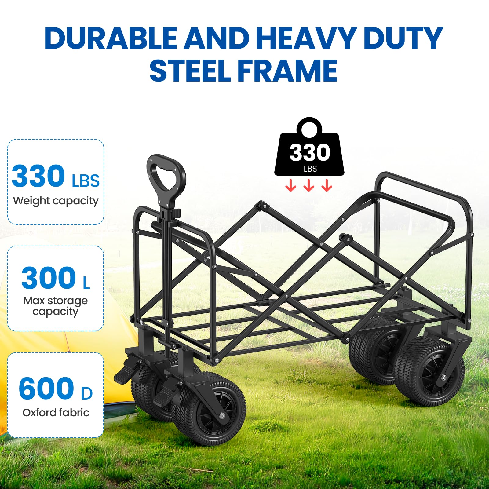 OFFBAIKU Collapsible Folding Wagon with 330lbs Weight Capacity Wagon Cart Heavy Duty Foldable with Big All-Terrain Wheels Beach Wagon Utility for Beach,Sand,Camping,Black