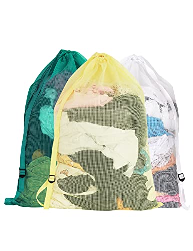Daly Kate 3 Pack Mesh Laundry Bags with Adjustable Single Shoulder Straps 24" x 36" Sturdy Nylon Material Laundry Liners with Drawstring Closure for College, Dorm and Apartment