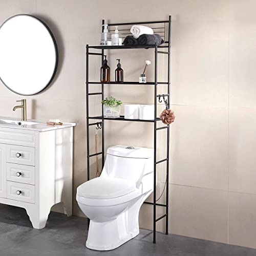 L&H UNICO 3-Shelf Wire Freestanding Shelving Unit Over The Toilet Storage Organizer Rack Bathroom Space Saver, Includes 4-Hooks, Black