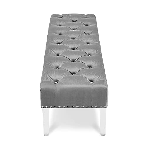 New Classic Furniture Vivian Velvet Bench with Crystal Buttons, Gray